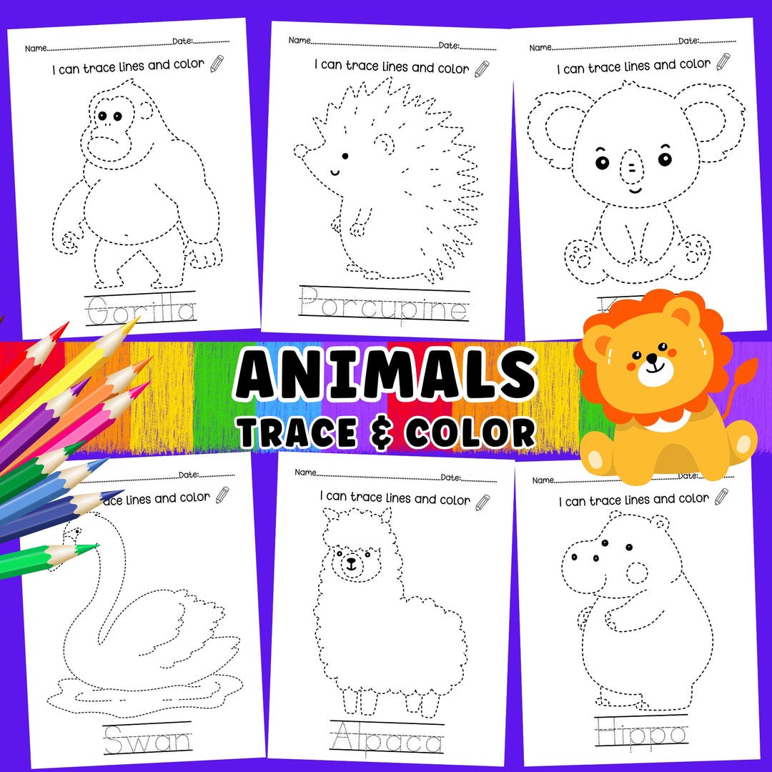 Animal Line Tracing & Coloring Worksheet, Line Trace for Preschool ...