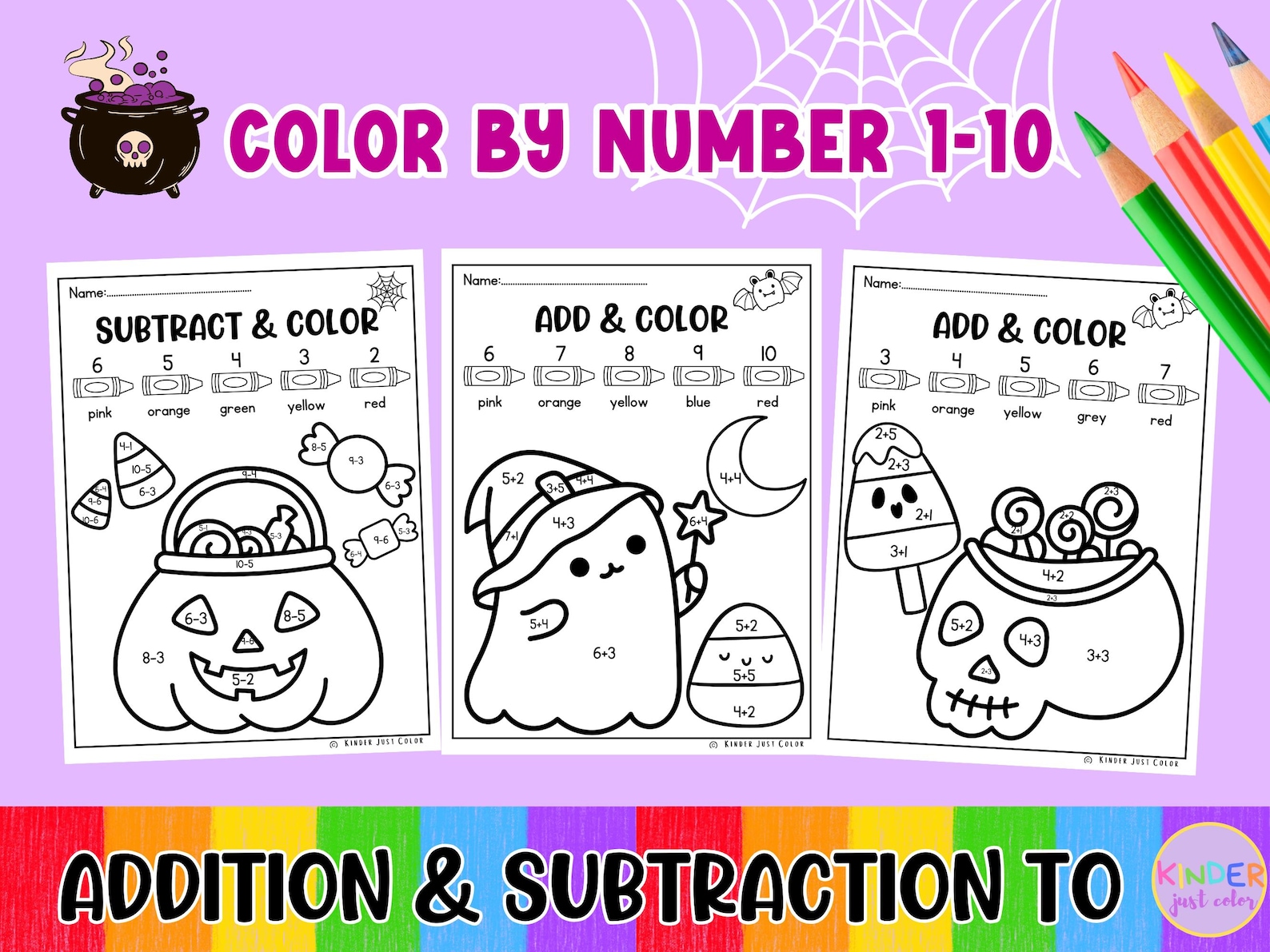 Halloween Color by Number Addition Subtraction to 10, Math Worksheets ...