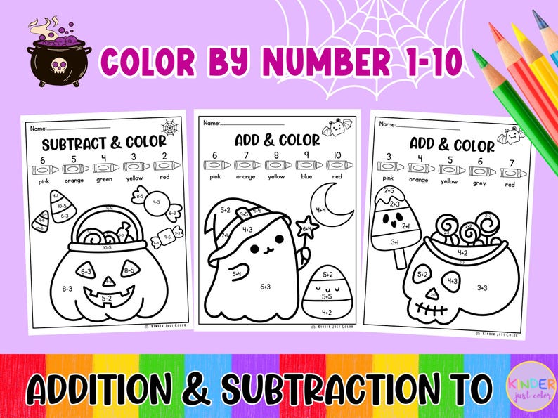 Halloween Color by Number Addition Subtraction to 10, Math Worksheets ...