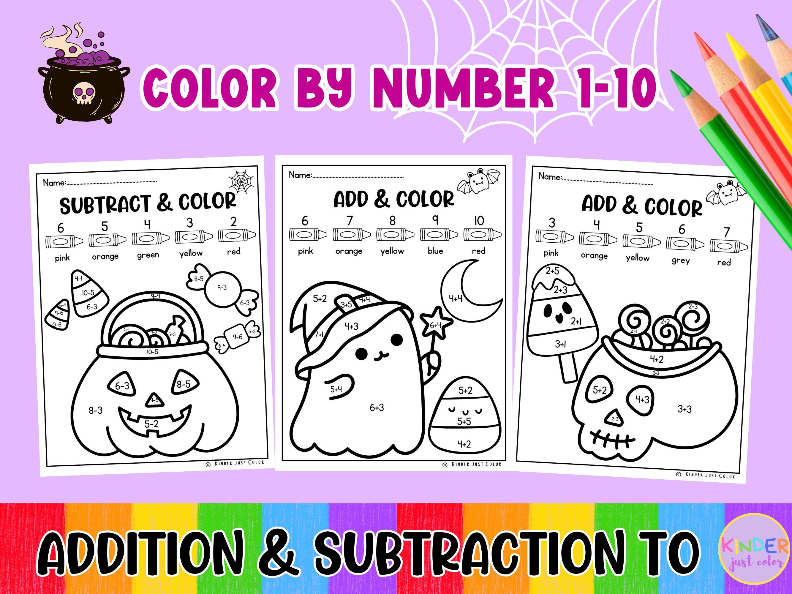 Halloween Color by Number Addition Subtraction to 10, Math Worksheets ...