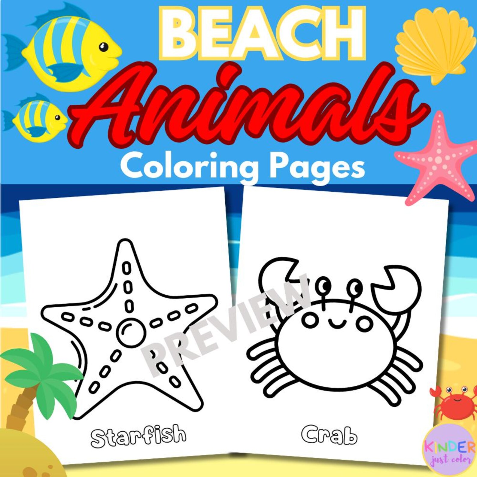Beach Animals Coloring Pages, Summer Seashore Coloring Sheet for Kids ...