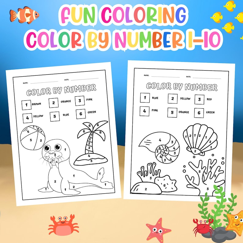 Color by Numbers for Kids, Color by Code, Ocean Animals Coloring Pages ...