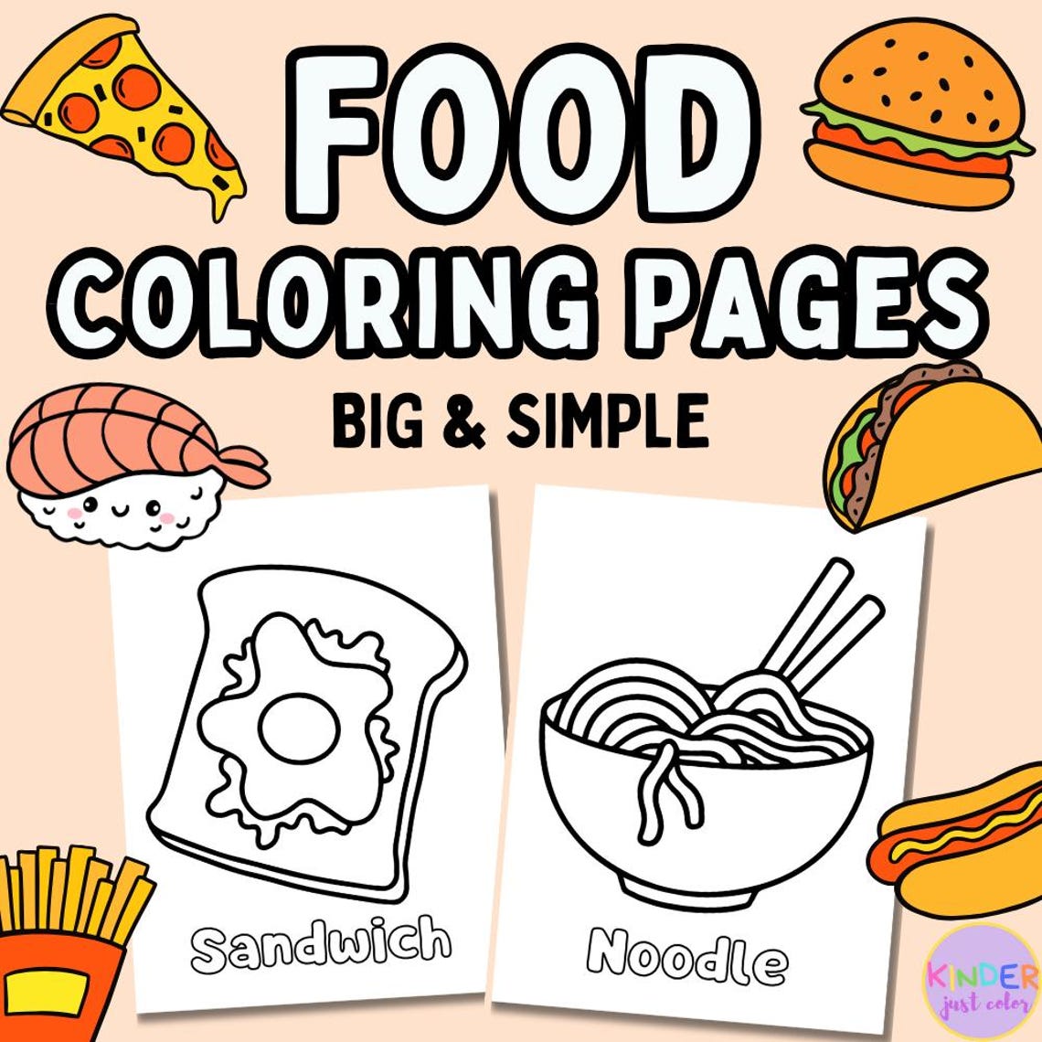Food Coloring Pages: Bold & Simple Kawaii Designs (PDF Pattern) - Etsy
