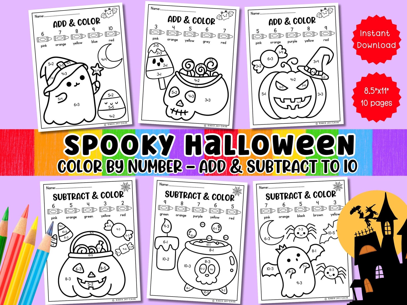 Halloween Color by Number Addition Subtraction to 10, Math Worksheets ...