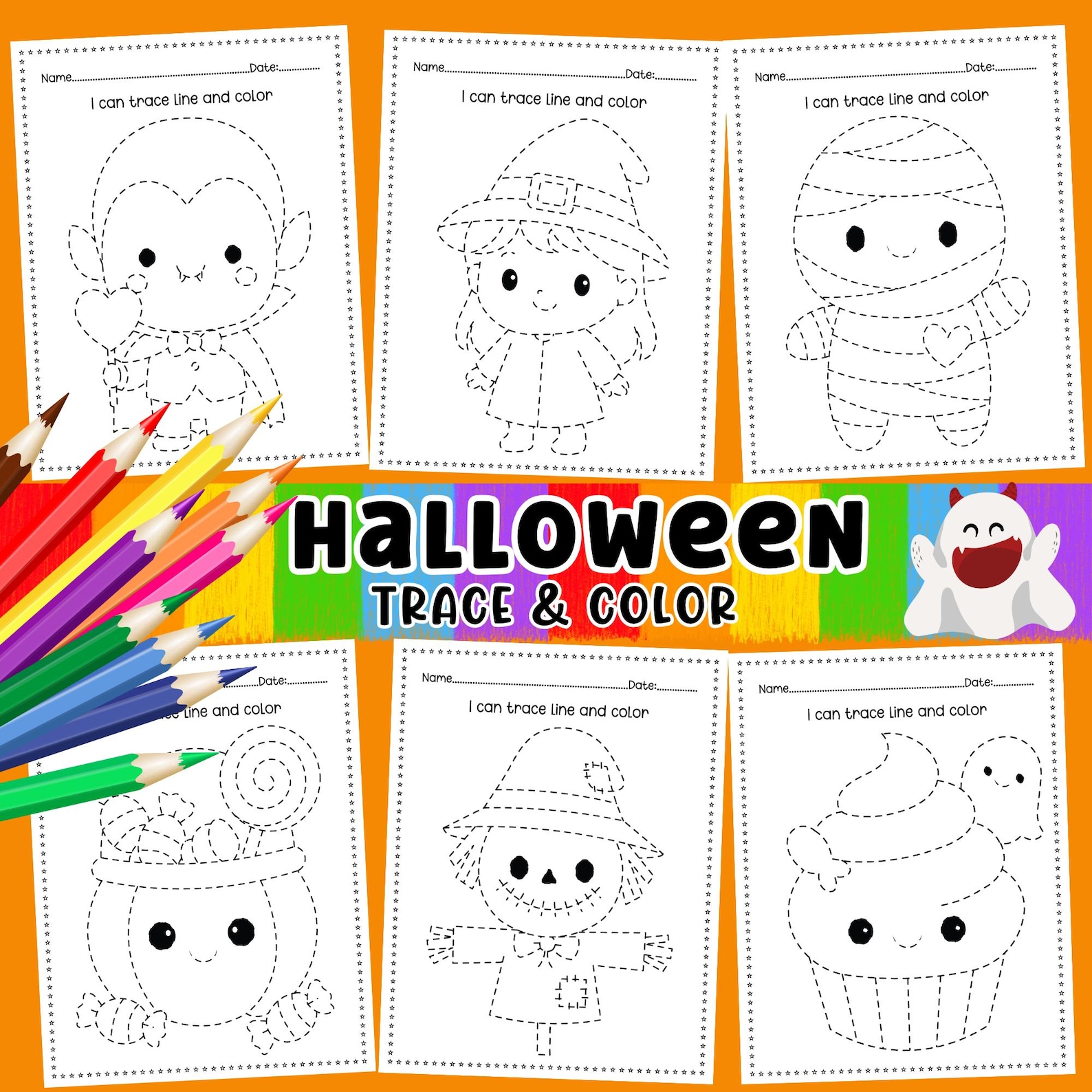 Halloween Tracing & Coloring Page for Kid, Halloween Line Trace ...