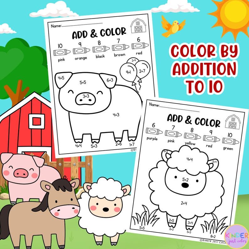 Farm Animals Color by Number | Addition and Subtraction to 10 | Fun ...