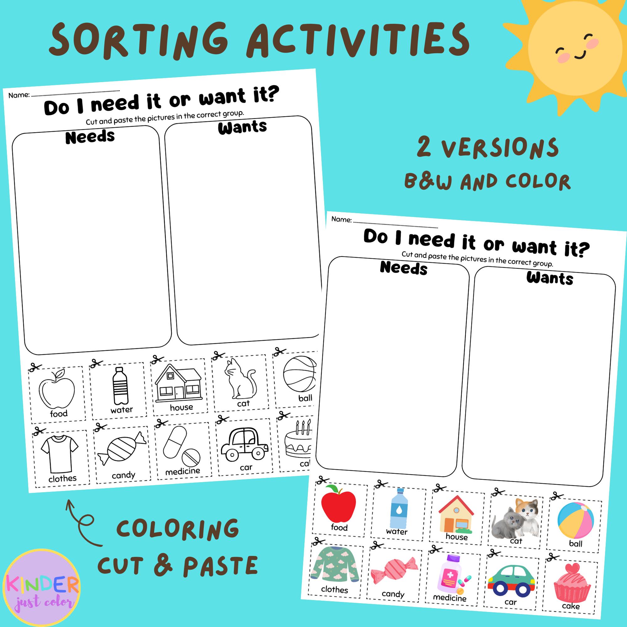 Needs Vs Wants Sort Worksheet, Cut and Paste Activities, Need & Want ...