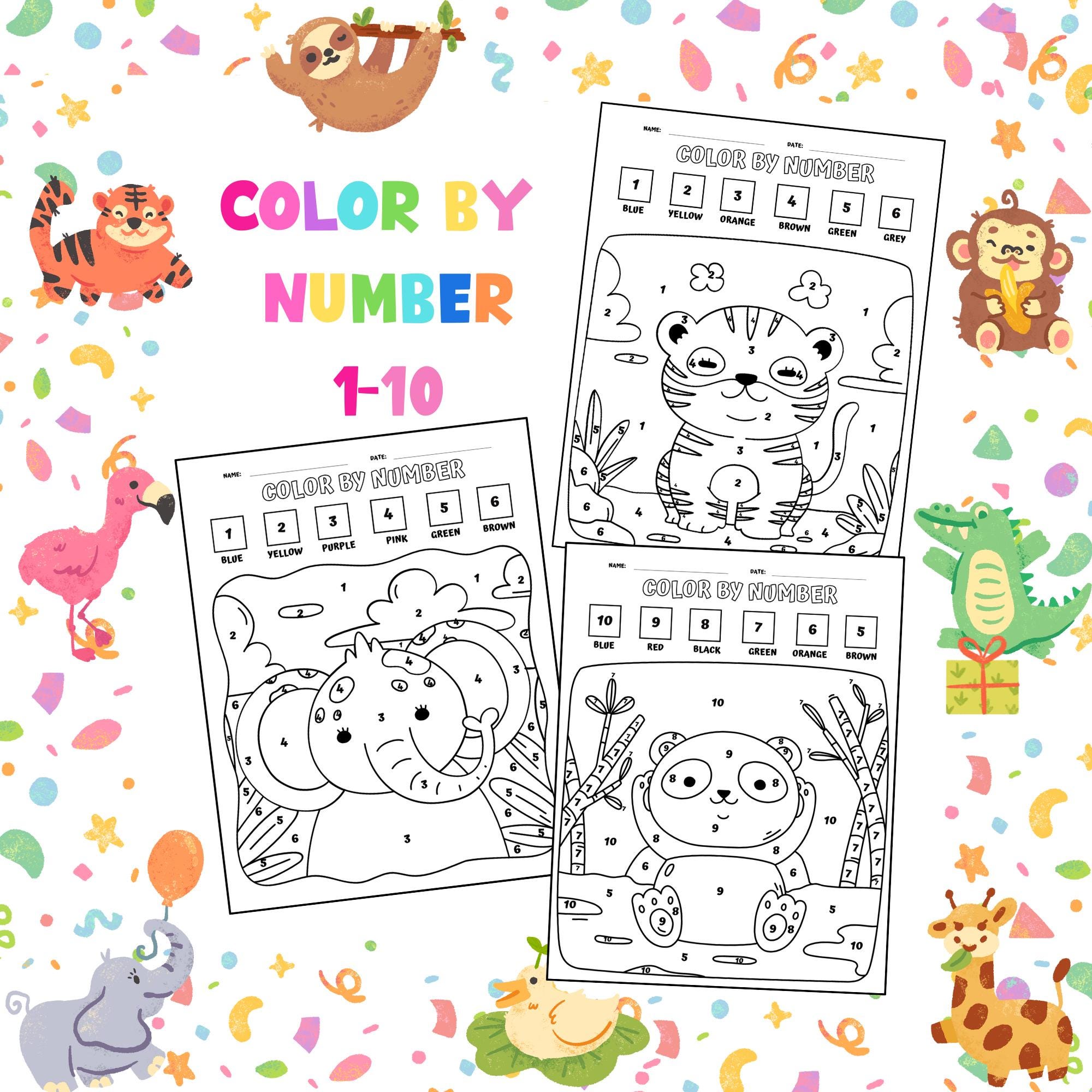 Cute Animals Color by Numbers 1-10 Pages for Kids Activity Book ...