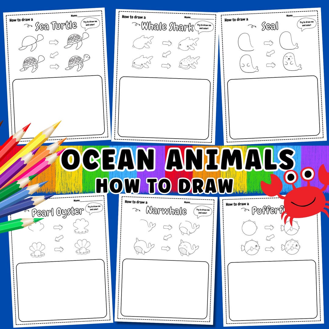 Ocean Animals Drawing Guide for Kids: Step-by-step Worksheet (PDF) - Etsy