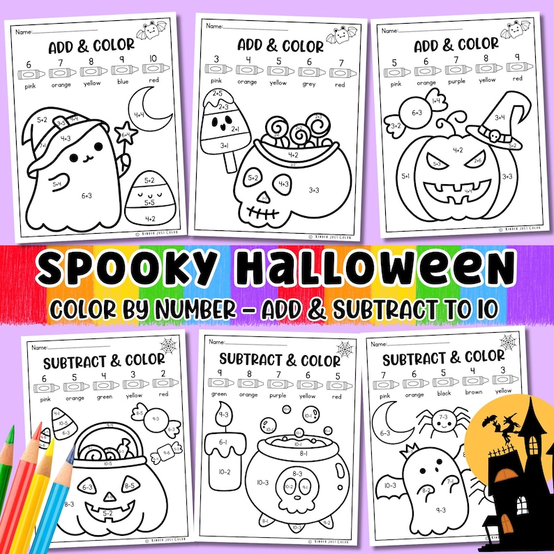 Halloween Color by Number Addition Subtraction to 10, Math Worksheets ...