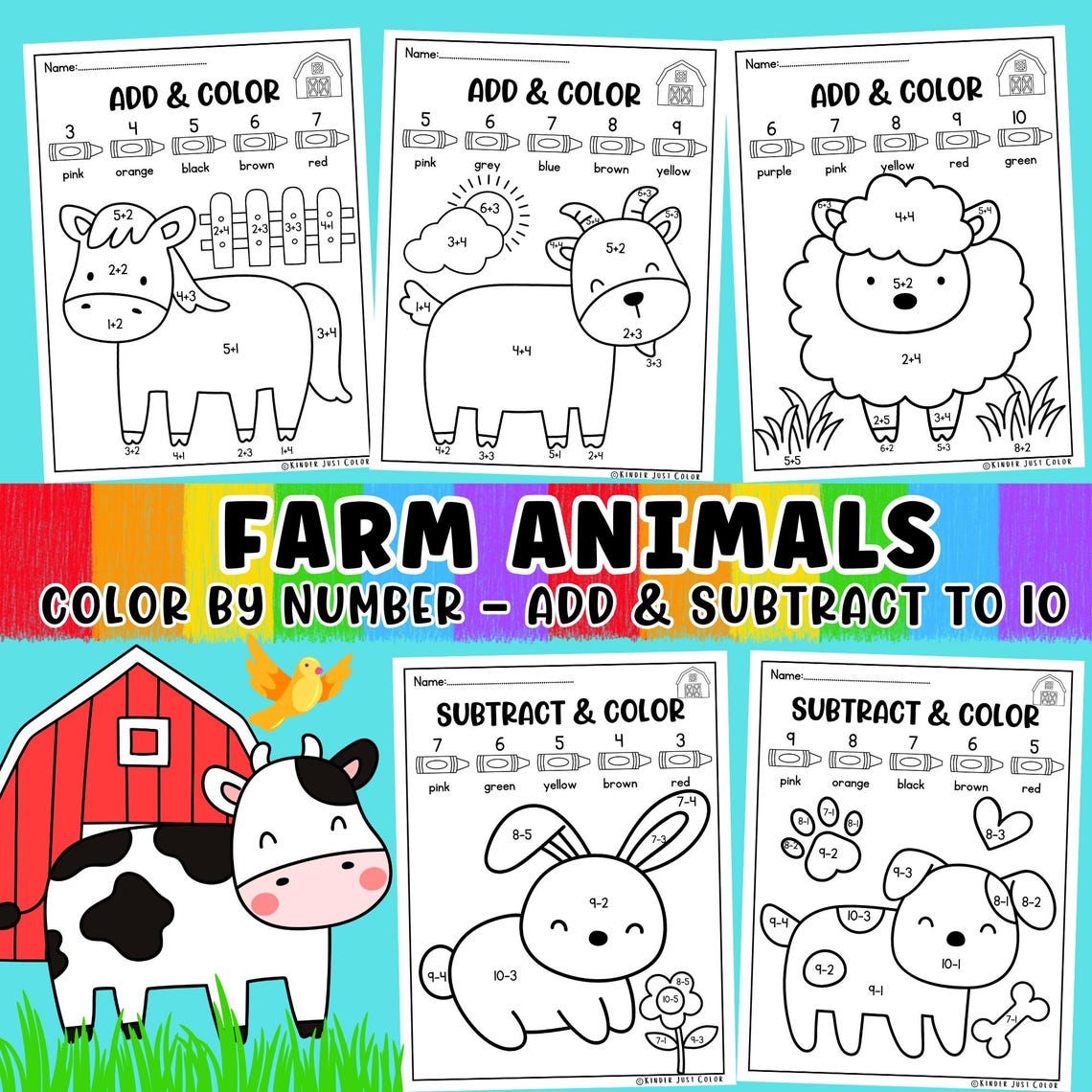 Farm Animals Color by Number | Addition and Subtraction to 10 | Fun ...