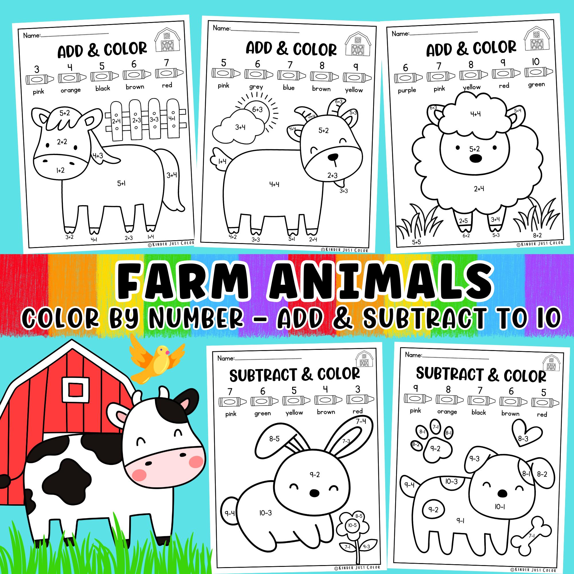 Farm Animals Color by Number | Addition and Subtraction to 10 | Fun ...