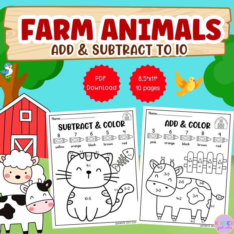 Farm Animals Color by Number | Addition and Subtraction to 10 | Fun ...