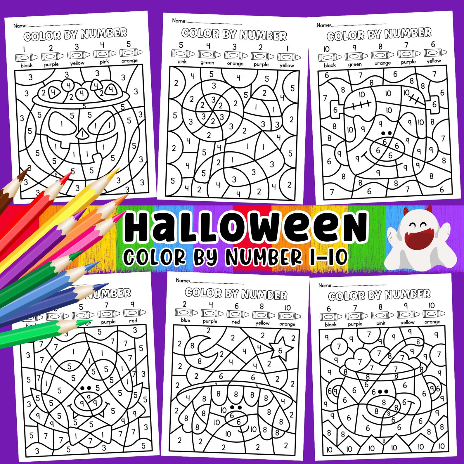 Halloween Color by Number Code 1-10, Preschool Kindergarten Worksheets ...