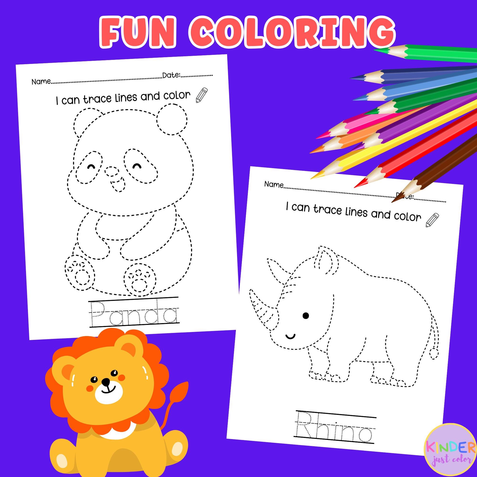 Animal Line Tracing & Coloring Worksheet, Line Trace for Preschool ...