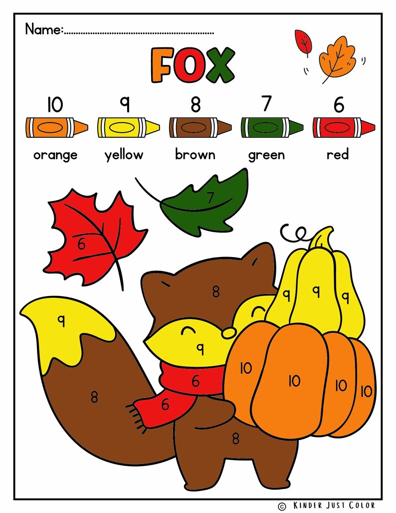 Color by Number Code 1-10 Fall Animal Coloring Page for Kid Educational ...