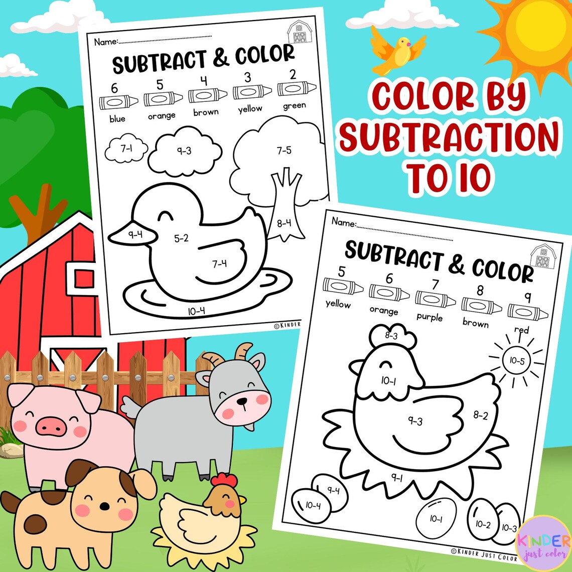 Farm Animals Color by Number | Addition and Subtraction to 10 | Fun ...