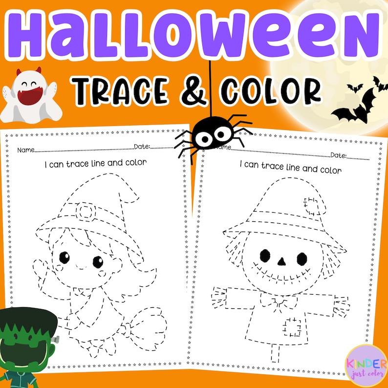 Halloween Tracing & Coloring Page for Kid, Halloween Line Trace ...