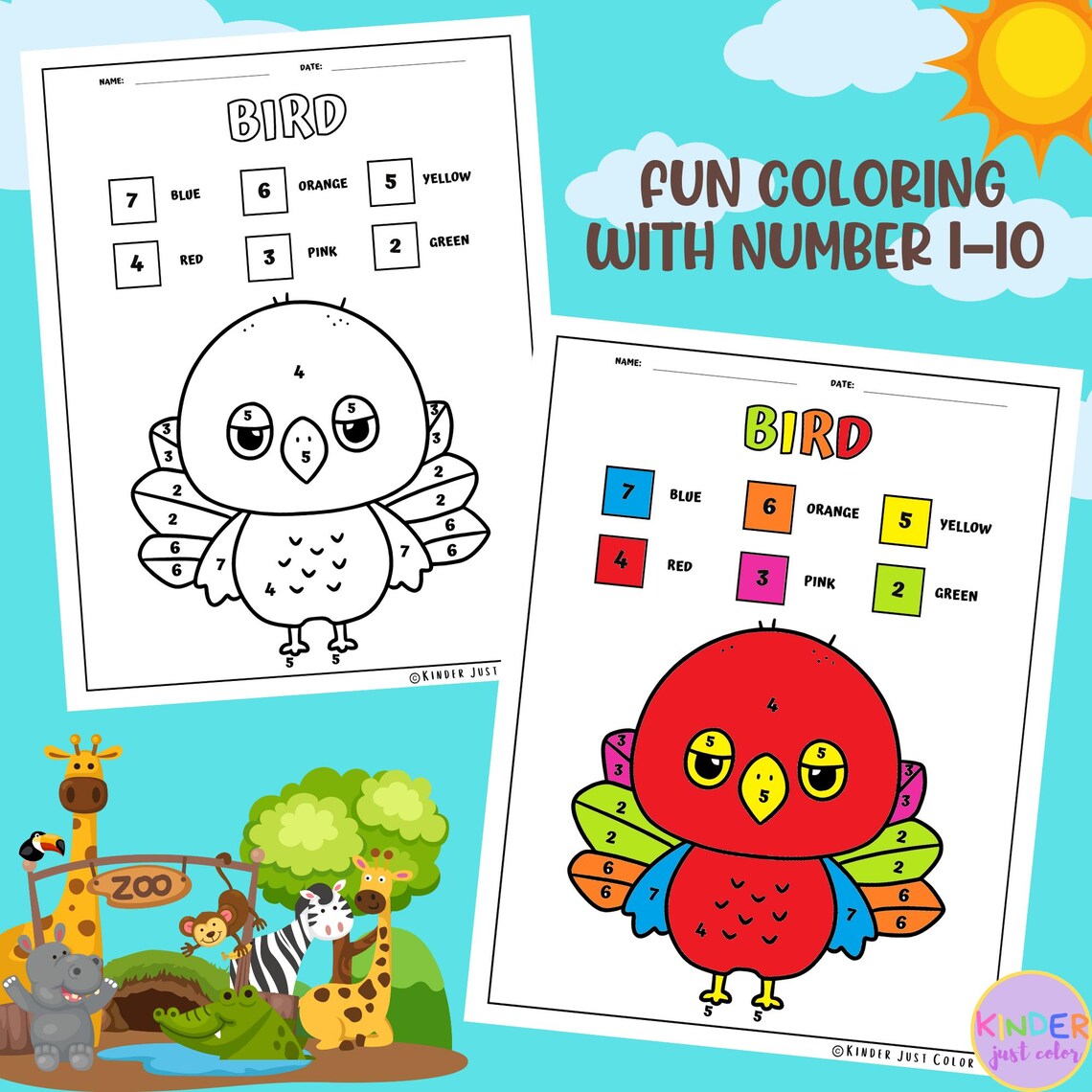 Zoo Animals Color by Number 1-10 | Fun Educational Coloring Pages for ...
