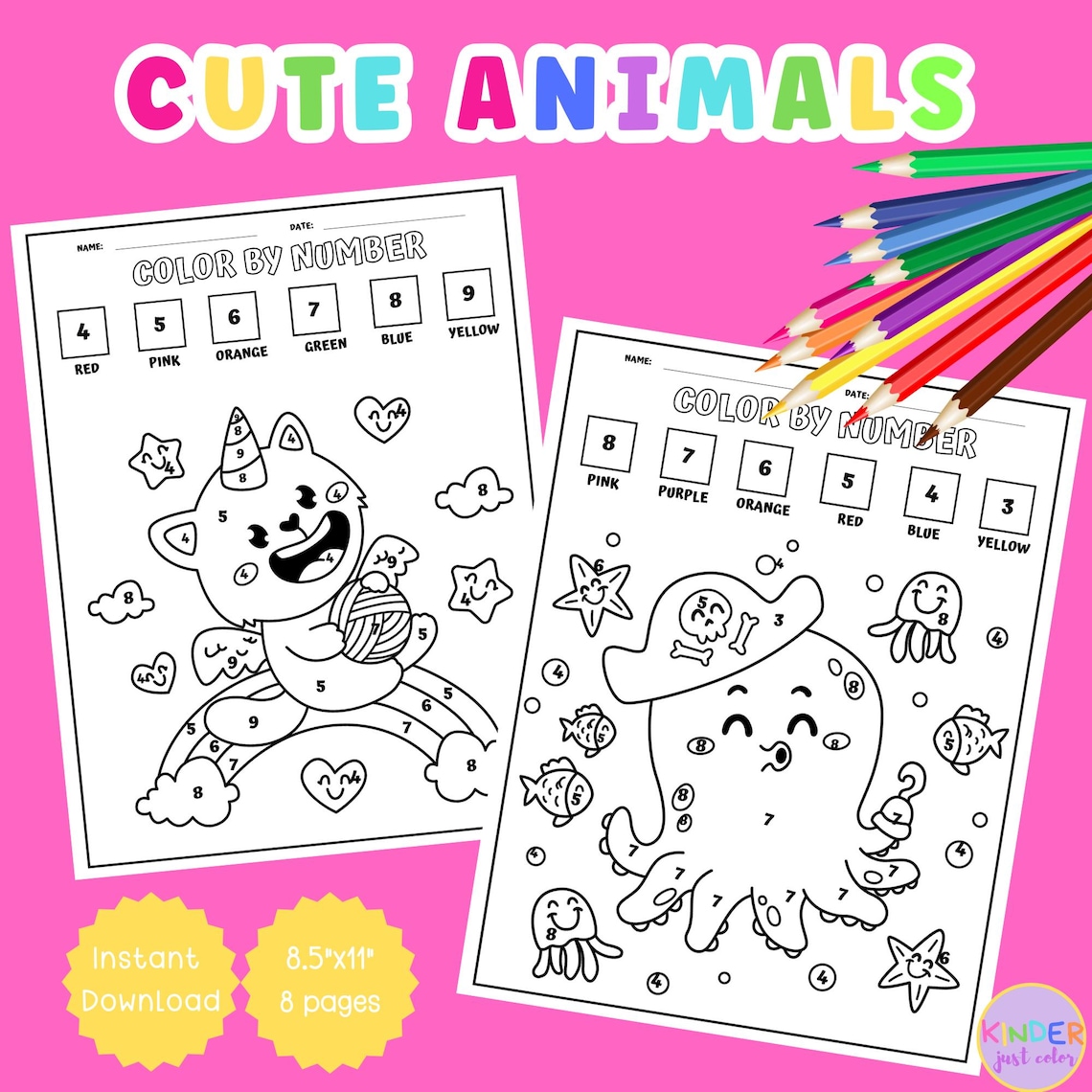 Cute Animals Color by Numbers 1-10 Pages for Kids Activity Book ...