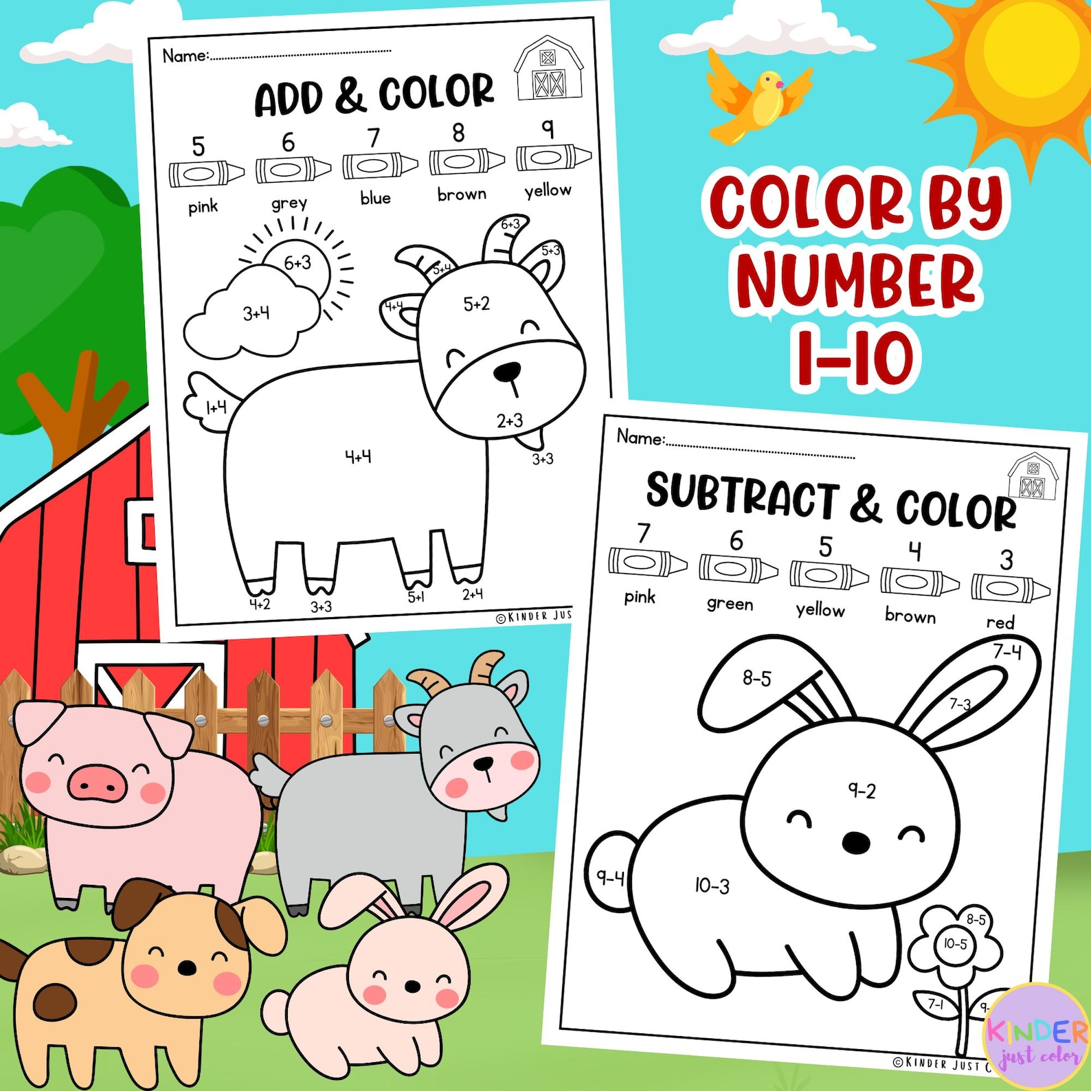Farm Animals Color by Number: Math Worksheets (PDF Printable) - Etsy