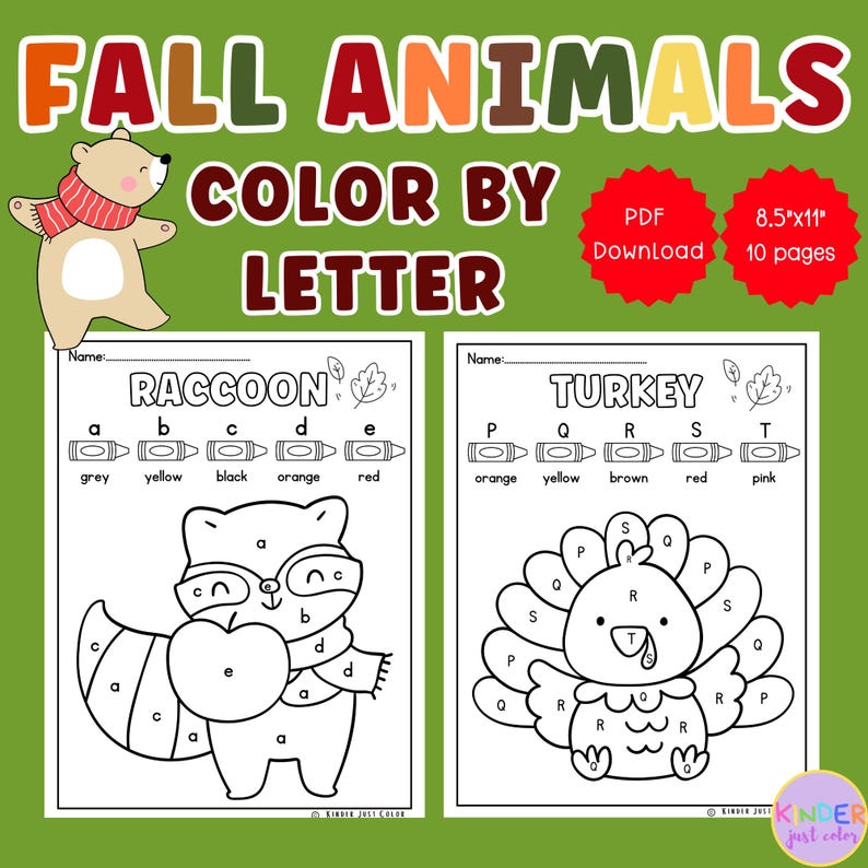Color by Letter Fall Animal, Fall Coloring Sheets, Teach Alphabet ...