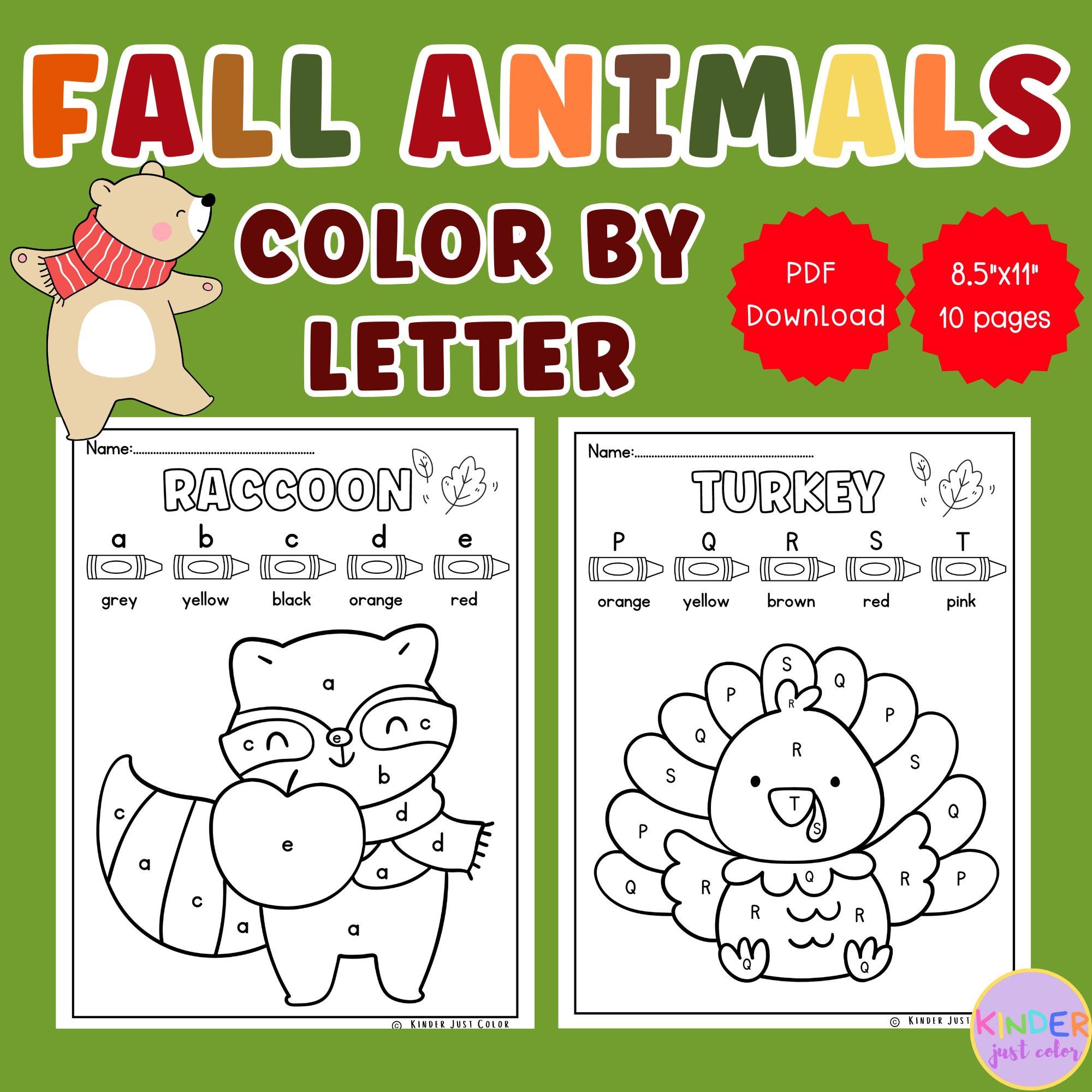Color by Letter Fall Animal, Fall Coloring Sheets, Teach Alphabet ...