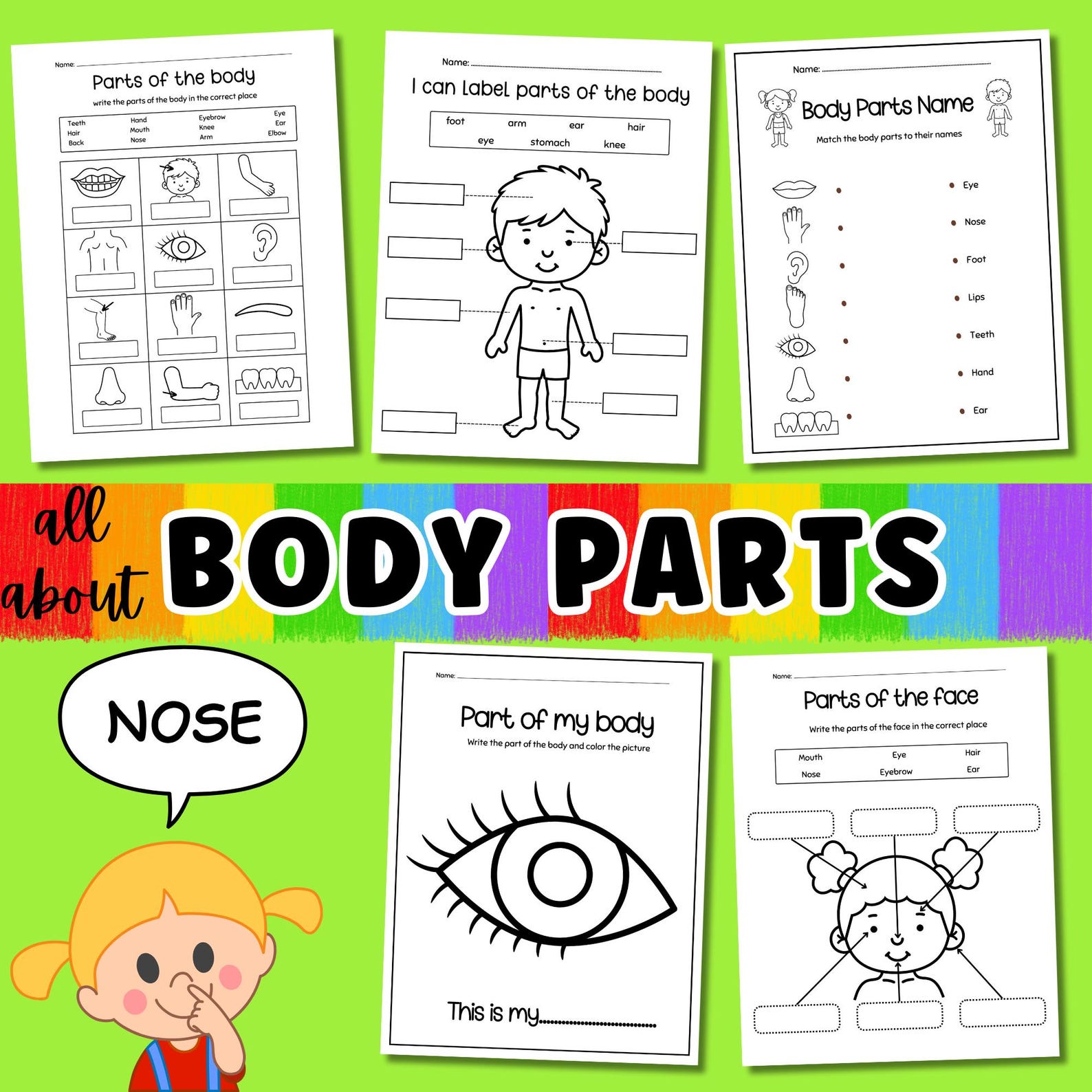 Body Parts Worksheet, Body &face Parts Matching, Learn My Body Part ...