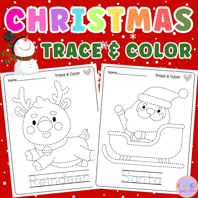 Christmas Tracing & Coloring Preschool Worksheet, Kindergarten Coloring ...