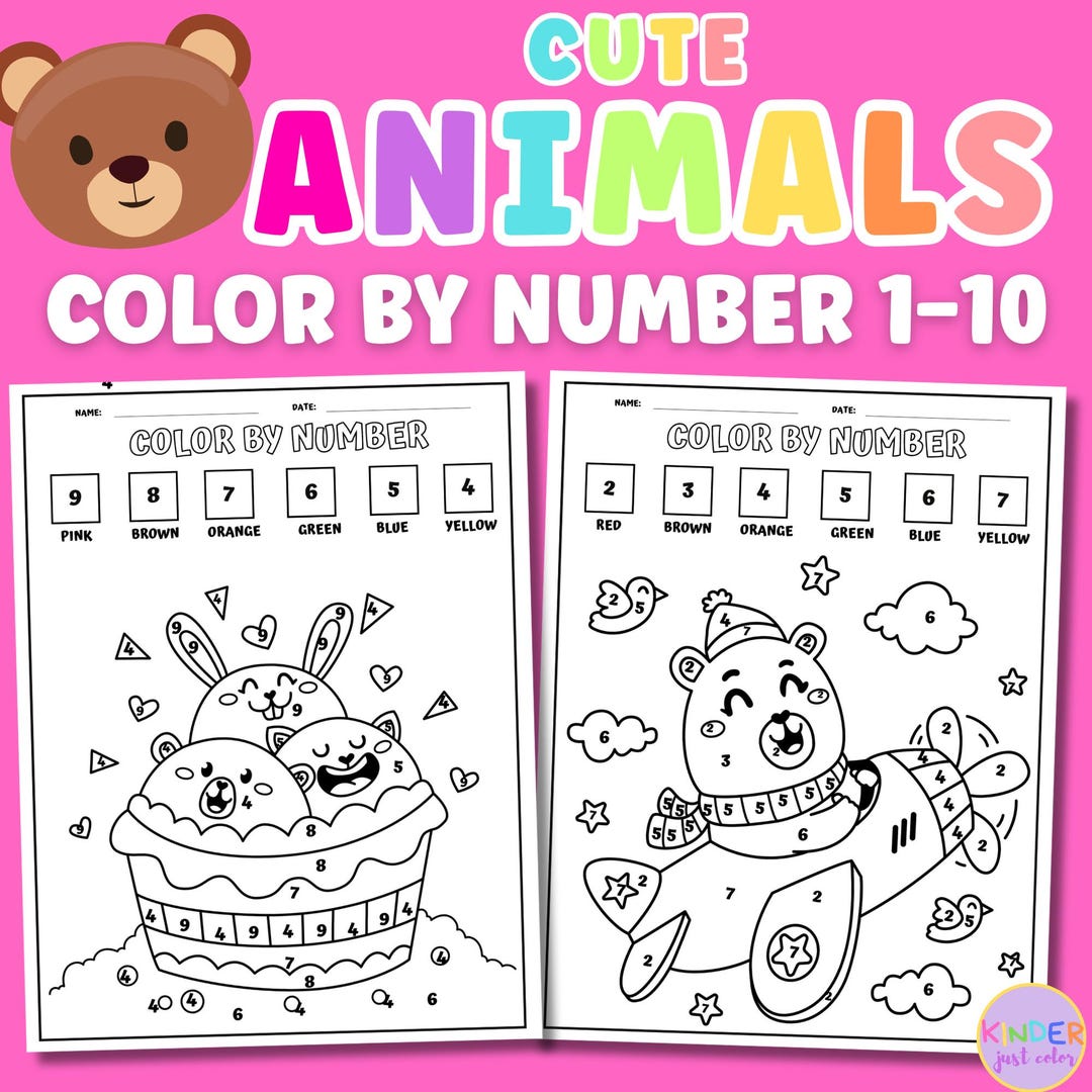 Cute Animals Color by Numbers 1-10 Pages for Kids Activity Book ...