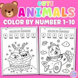 Cute Animals Color by Numbers 1-10 Pages for Kids Activity Book ...