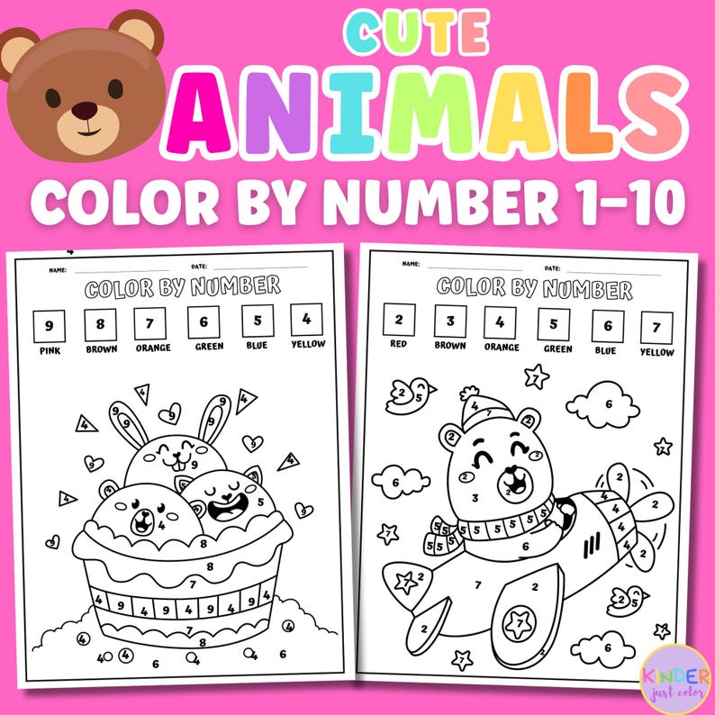 Cute Animals Color by Numbers 1-10 Pages for Kids Activity Book ...