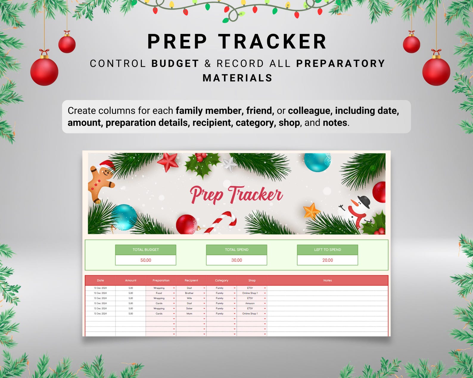 Christmas Planner Budget Spreadsheet Template, Holiday Gift Tracker ...