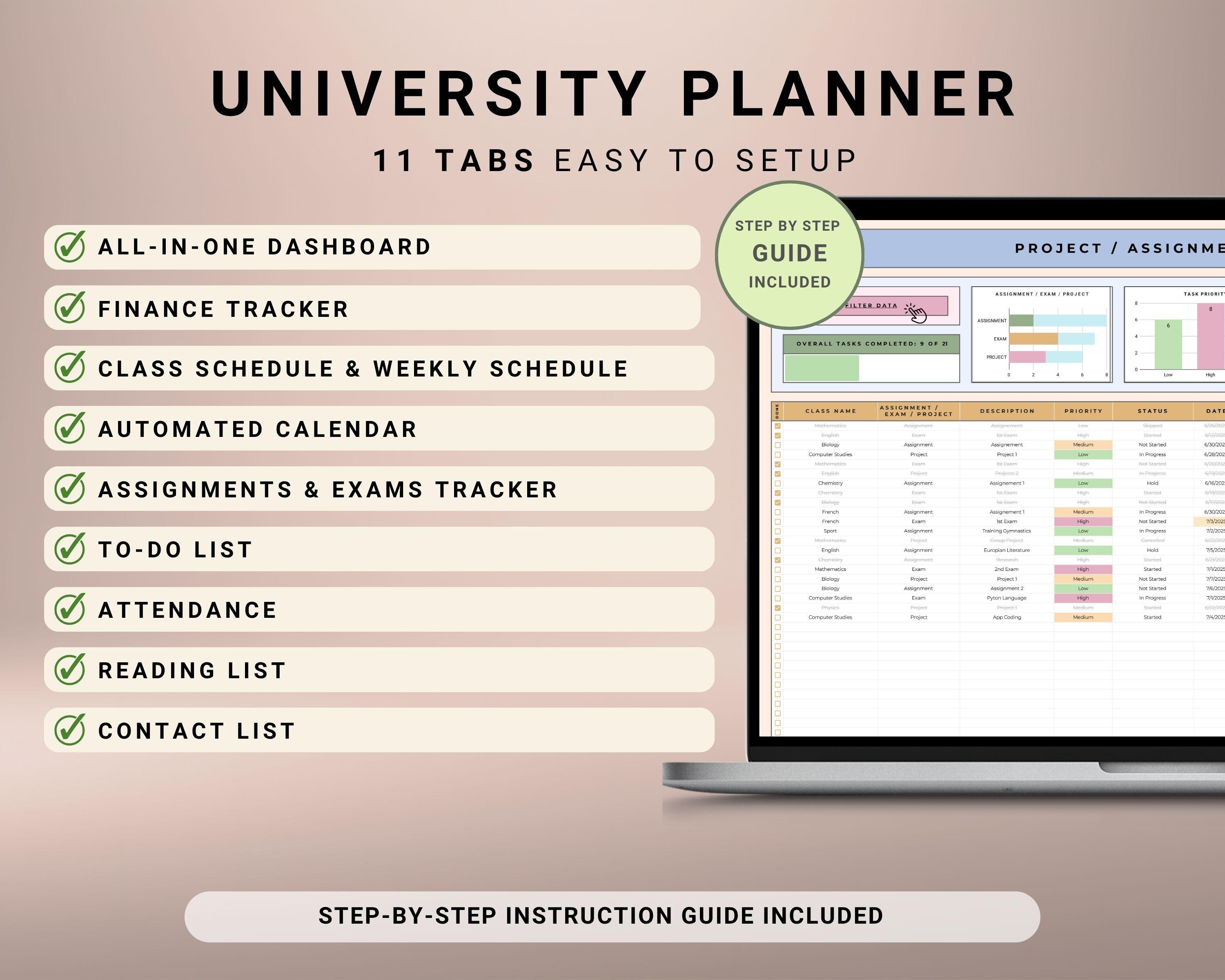 University Student Planner Spreadsheet 2025, College Assignment Tracker ...