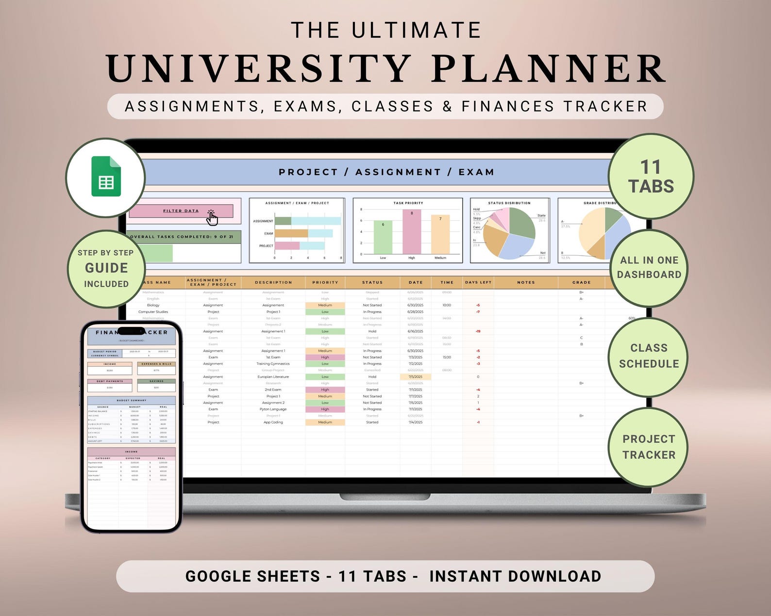University Student Planner Spreadsheet 2025, College Assignment Tracker ...
