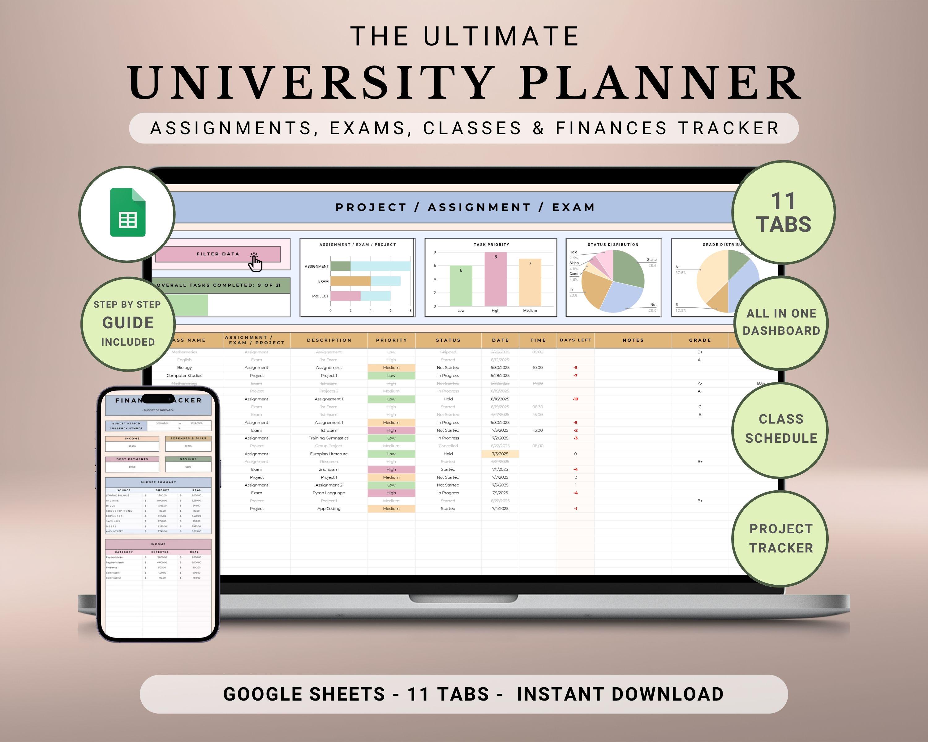 University Student Planner Spreadsheet 2025, College Assignment Tracker ...