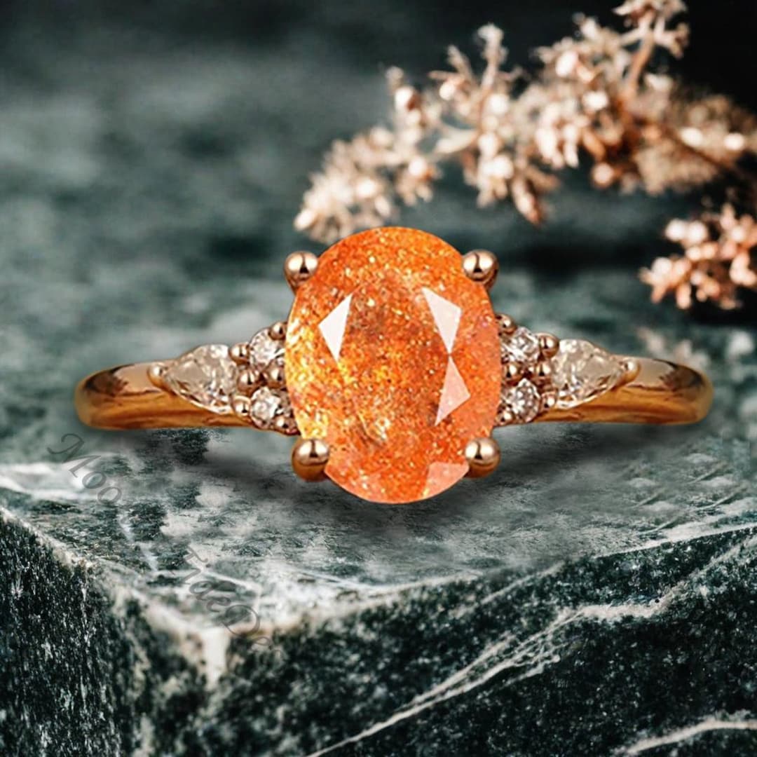 Vintage Unique Sunstone Ring 14K Solid Gold Oval Orange Gemstone ...