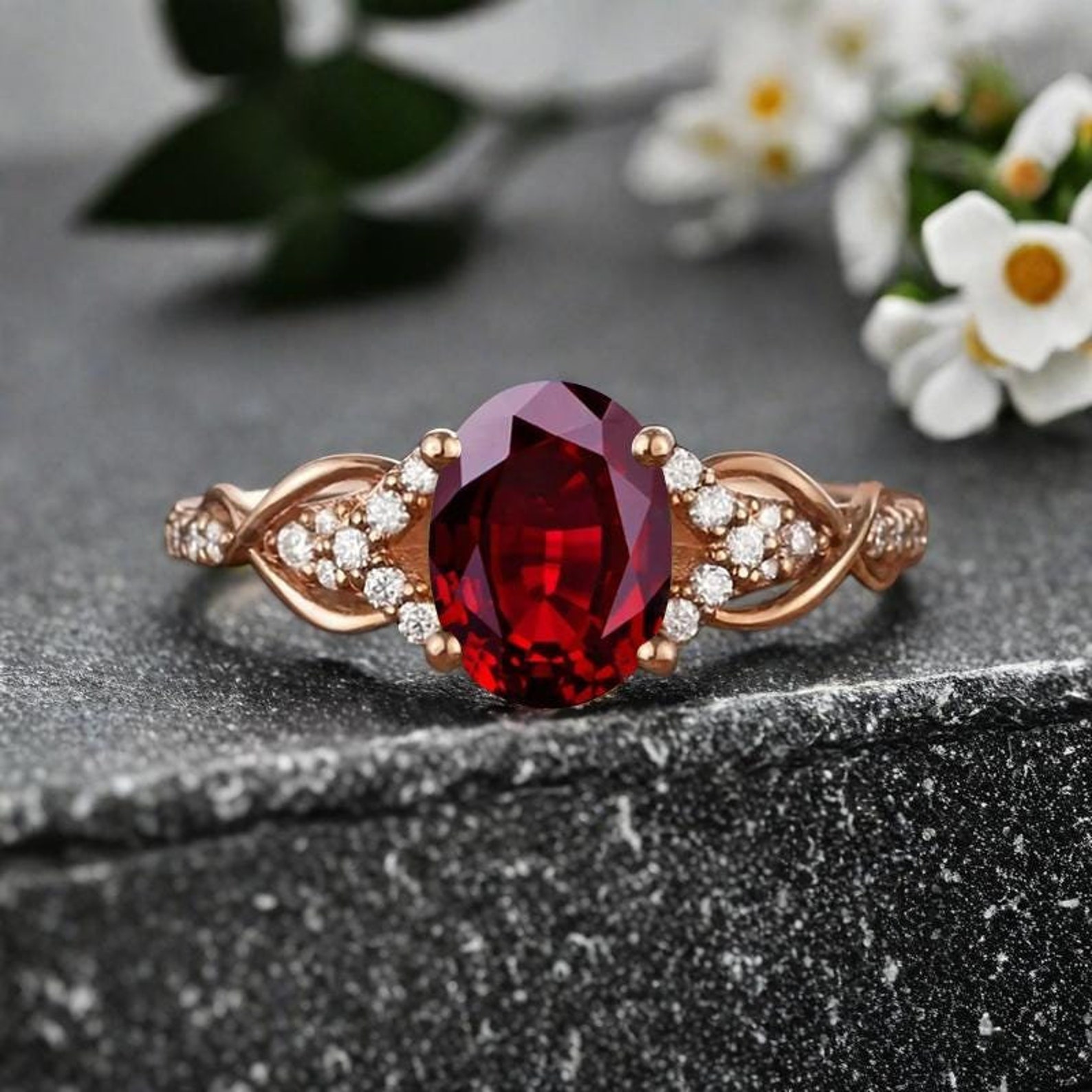 Vintage Oval Cut Ruby Ring 14K Solid Gold Ruby Gemstone Engagement Ring Art Deco Moissanite ...