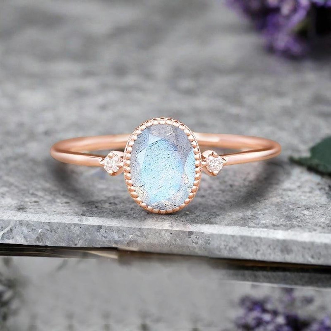 Vintage Oval Cut Labradorite Wedding Ring Rose Gold Engagement Ring ...