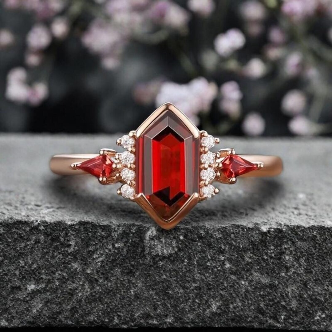 Vintage Hexagon Ruby Ring 14K Solid Gold Ruby Gemstone Engagement Ring Unique Ruby Moissanite ...