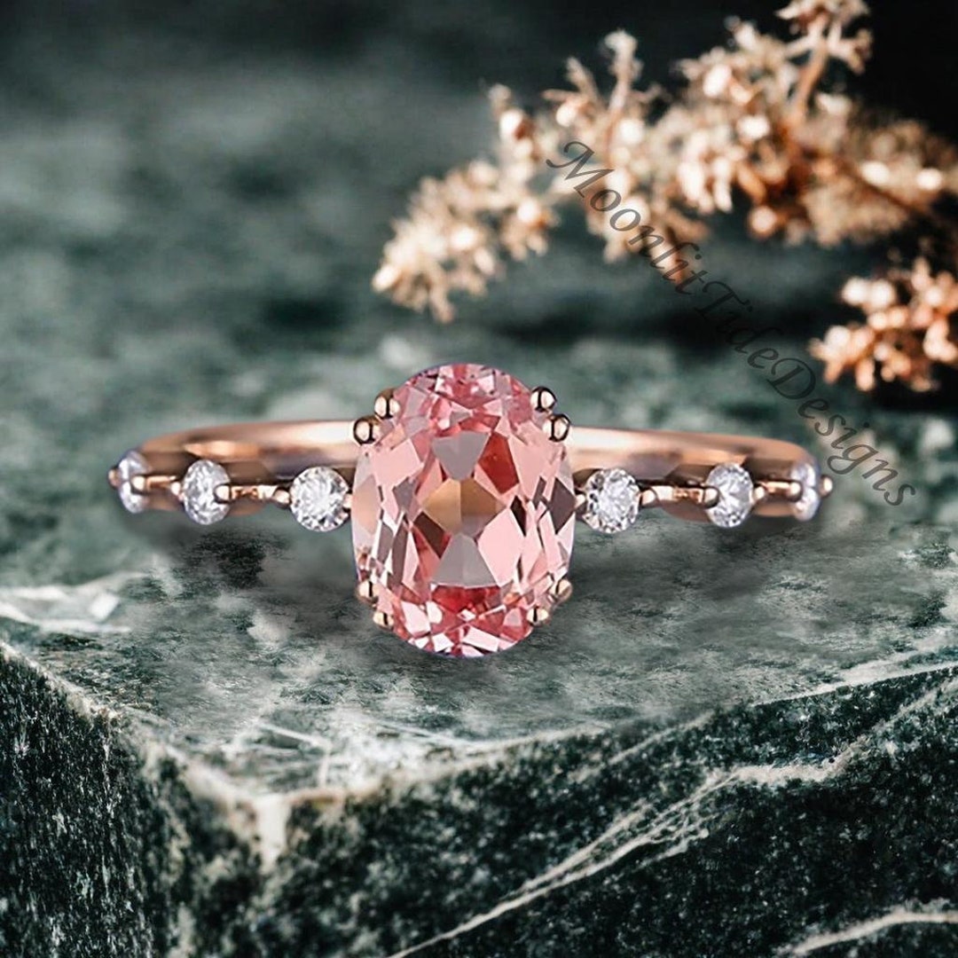 Dainty Oval Cut Pink Morganite Engagement Ring Vintage Unique Rose Gold ...