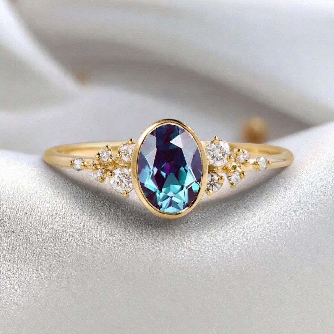 Oval Cut Alexandrite Engagement Ring Alexandrite Gemstone Bridal Bezel ...