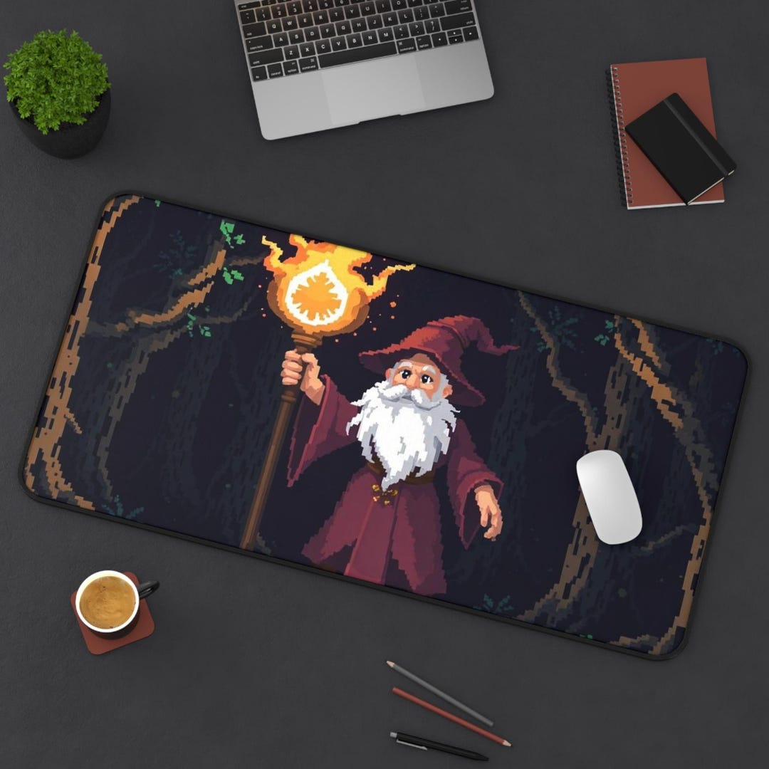 Desk Mat, Pixel Art Wizard Casting a Glowing Spell in a Dark Forest ...