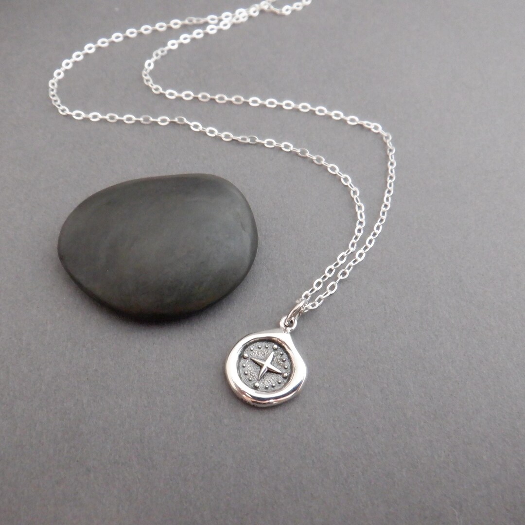 Tiny Sterling Silver Wax Seal Compass Necklace. Small Compass Rose ...