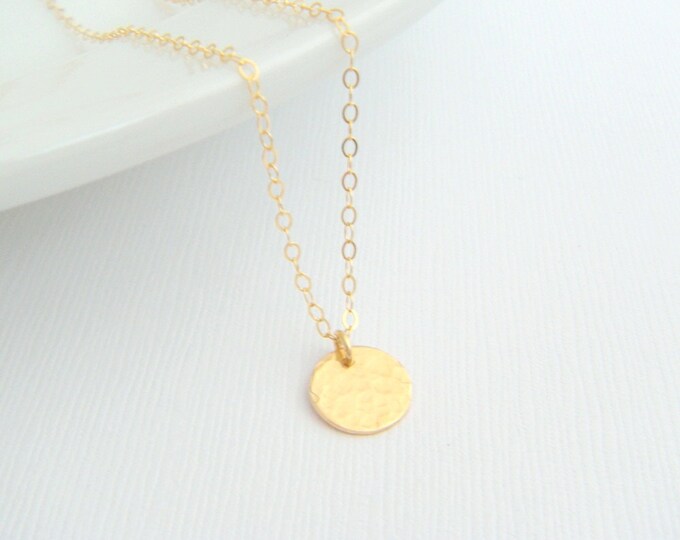 Tiny Gold Necklace. Small Hammered Circle Disc. 14k Gold Filled. 14 K ...