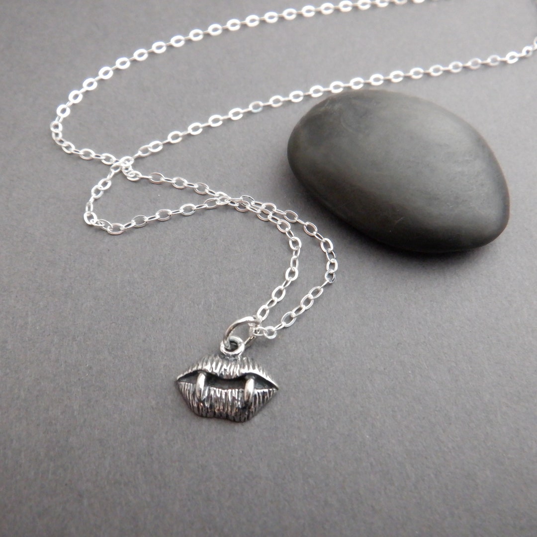 Tiny Sterling Silver Vampire Fangs Necklace. Halloween Lips Charm Blood ...