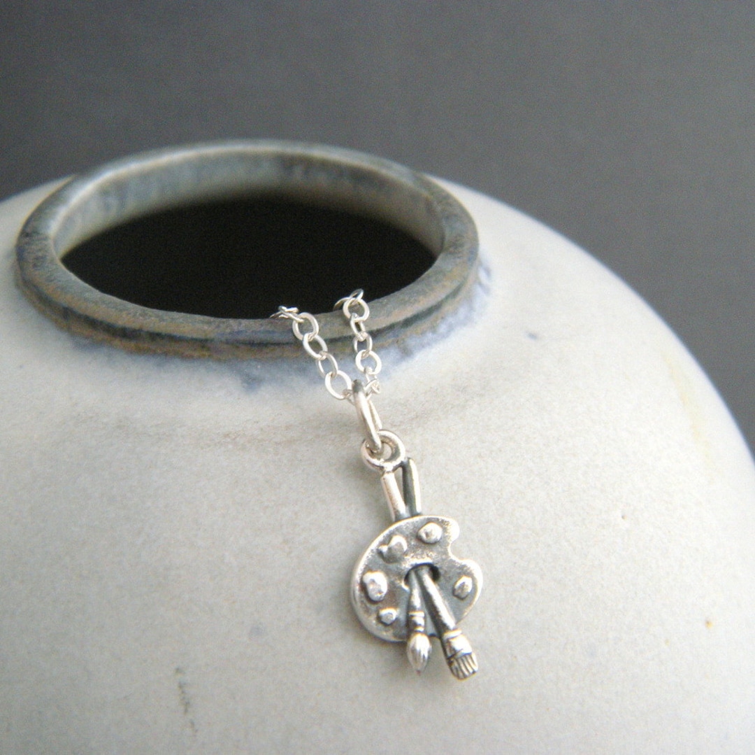 Tiny Sterling Silver Paint Brush Palette Necklace Small Hobby Pendant ...