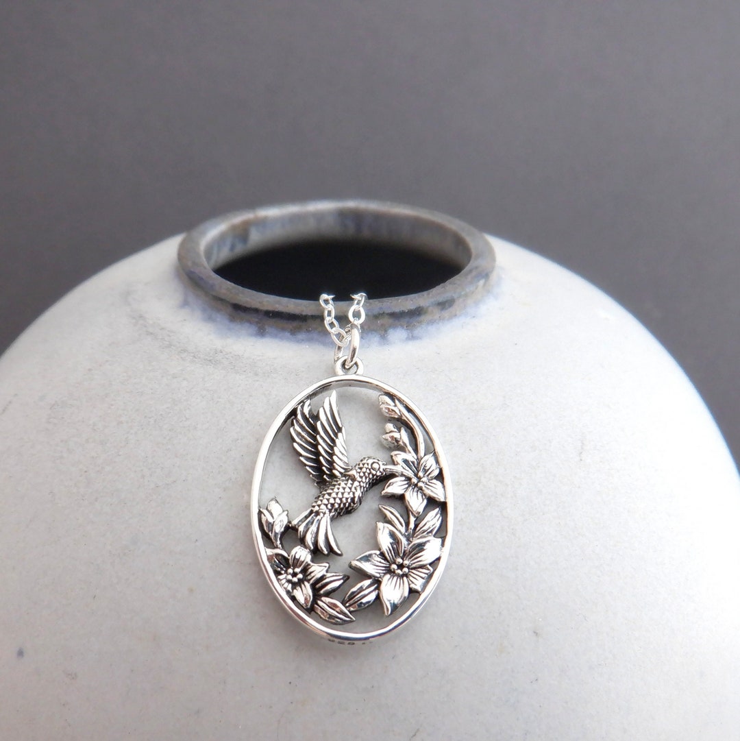 Sterling Silver Hummingbird Flower Necklace. Small Rustic Bird Oval ...