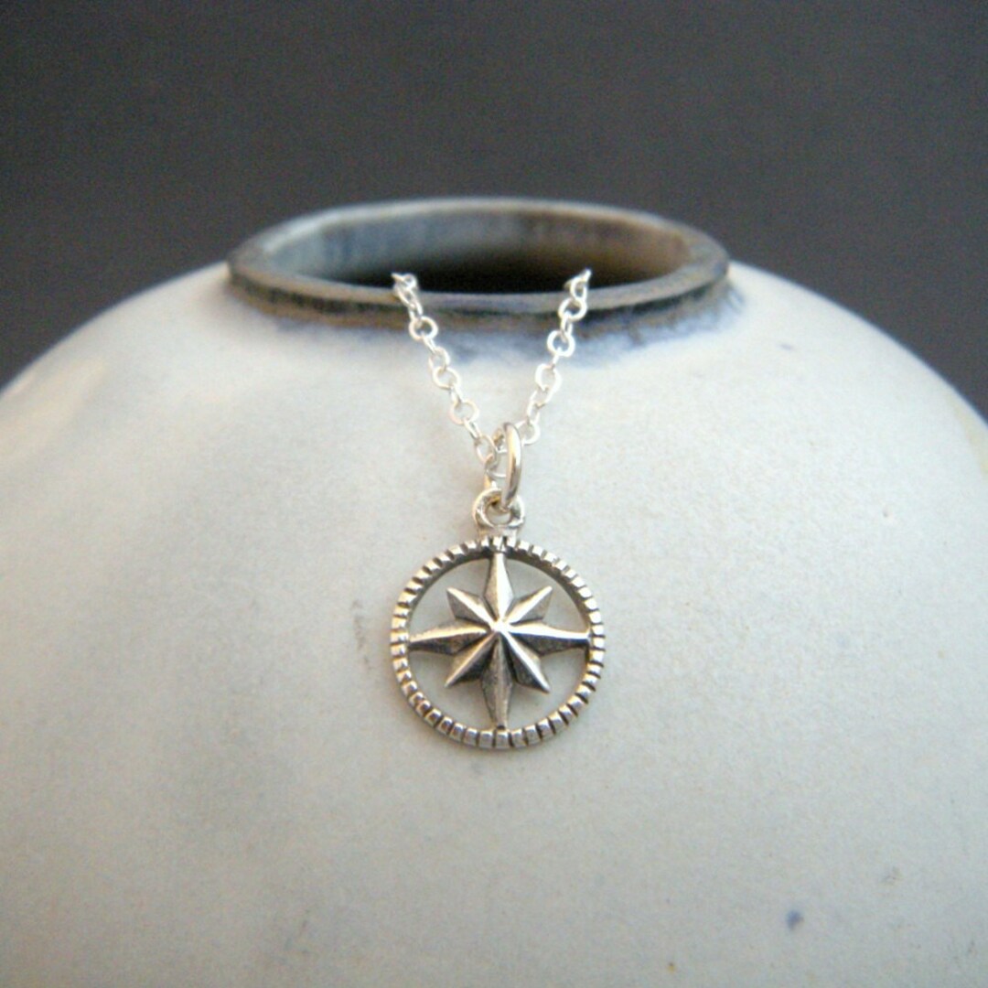Sterling Silver Compass Necklace, Small Boho Travel Pendant 3/8