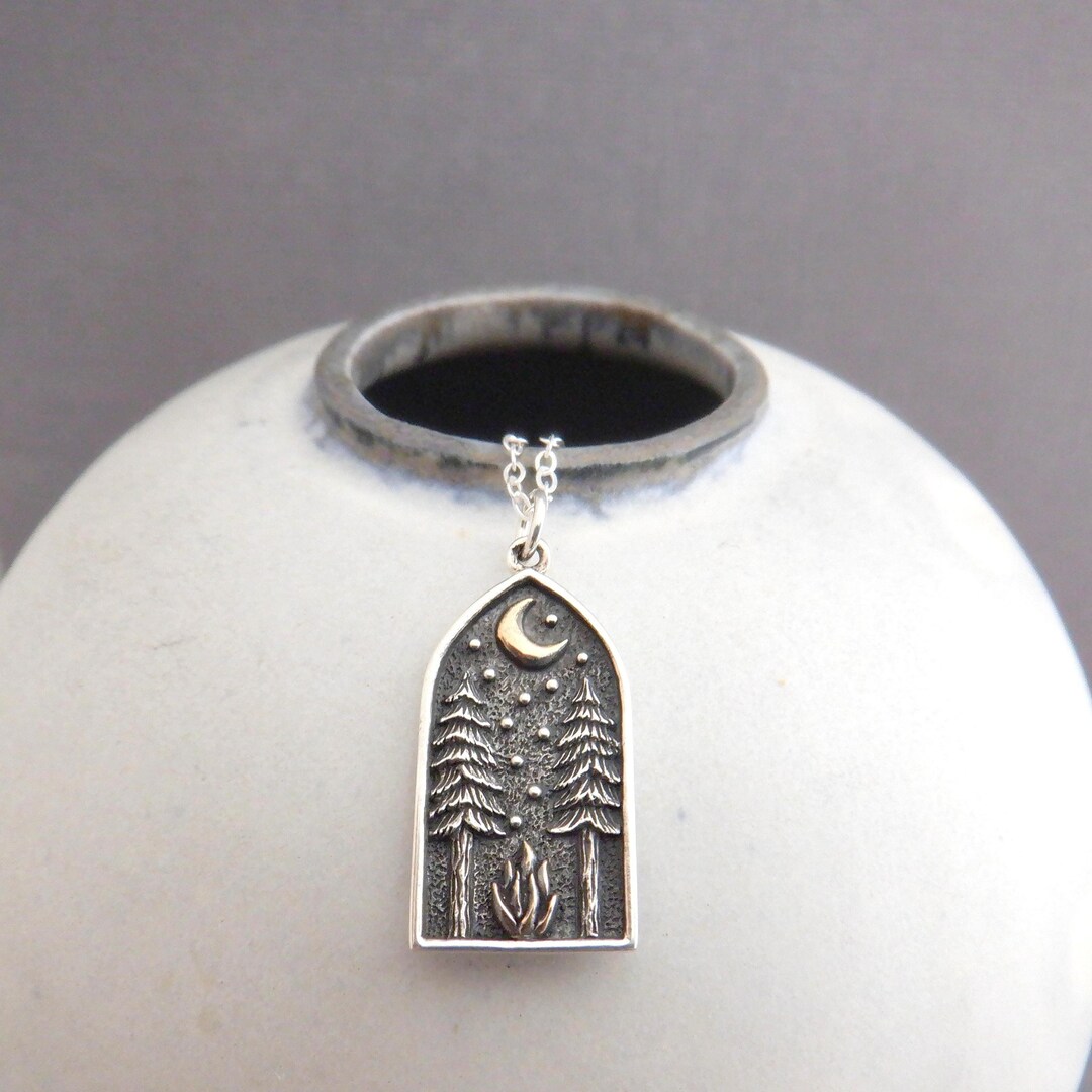 Sterling Silver Bonfire Under Moon Necklace. Bronze Mixed Metal Pendant ...